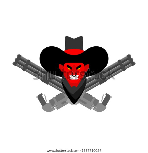 Devil Cowboy face and gun. Crossed Minigun. Wild West Demon gunfighter ...