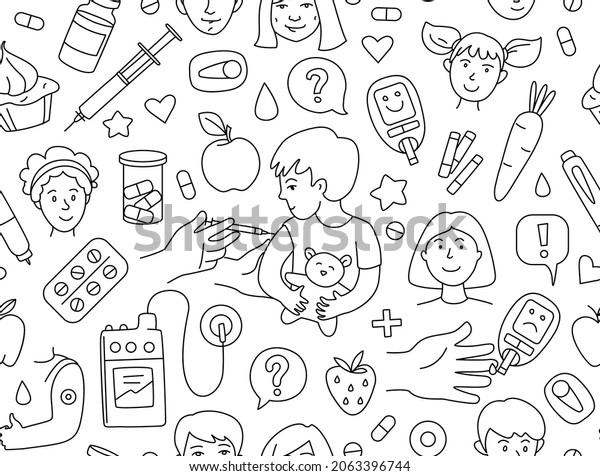 Diabetes Children Line Vector Illustration Seamless Stock Vector ...