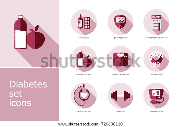 Diabetes Icons Set Flat Design Pink Stock Vector (Royalty Free) 720638110