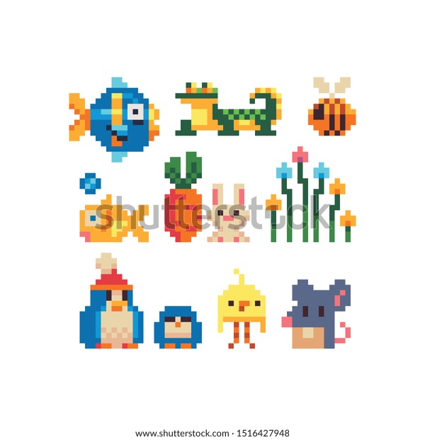 Different Cartoon Animal Characters Pixel Art: เวกเตอร์สต็อก (ปลอดค่า ...