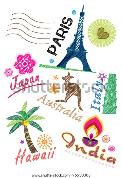 Different Country Landmark Sketch Drawing Set Stock Vector (Royalty ...