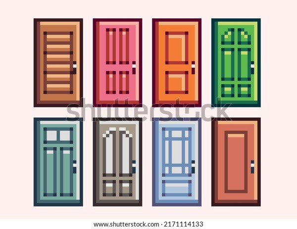 Vektor Stok Different Doors Pixel Art Set House (Tanpa Royalti ...