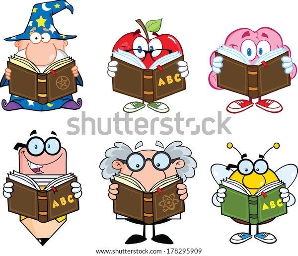 Different Mascots Reading Book Cartoon Characters Stock Vector (Royalty ...