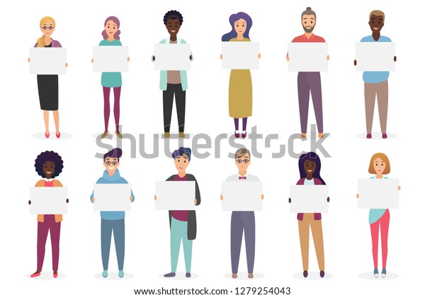 Different Positive Smiling People Holding Placards Stock Vector ...