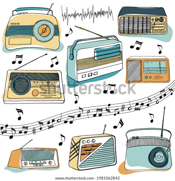 Verschiedene Retro-Radio- und Musiknoten auf weißem: Stock-Vektorgrafik ...