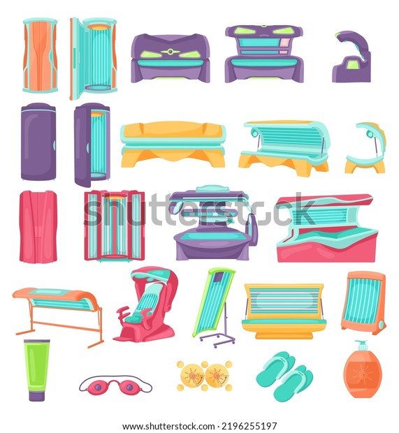 Different Tanning Beds Cartoon Illustration Set: เวกเตอร์สต็อก (ปลอดค่า ...