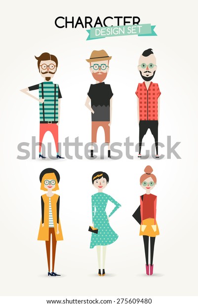 Different type of boy and girl character illustration. Hipster style ...