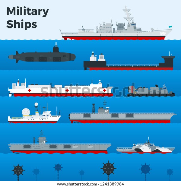 Different Types Military Warships Naval Combat เวกเตอร์สต็อก (ปลอดค่า ...