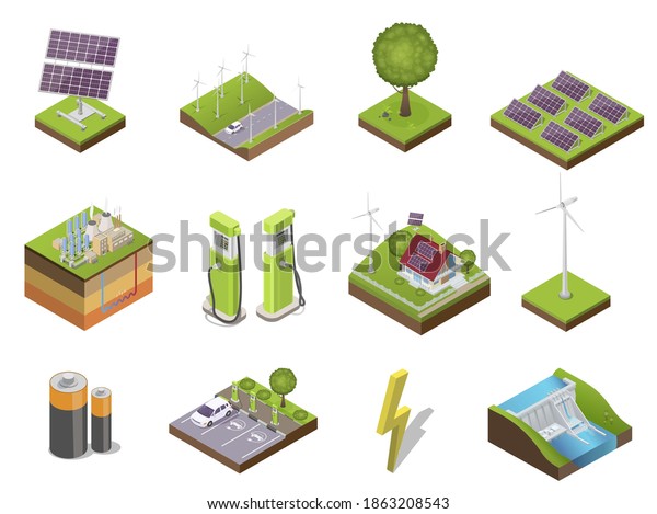 Different types and sources of alternative energy. Solar power, new age ...