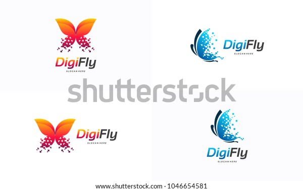 Digital Fly logo template designs, Pixel Butterfly logo designs concept ...