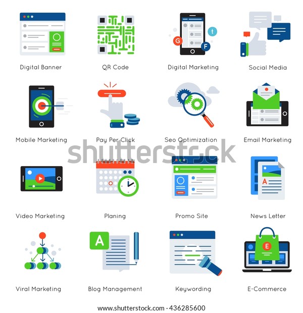 Digital Marketing Flat Icon Set Descriptions 库存矢量图（免版税）436285600 | Shutterstock