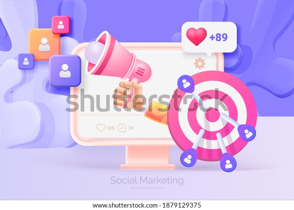 Digital social marketing. Computer with social network interface. Hand ...