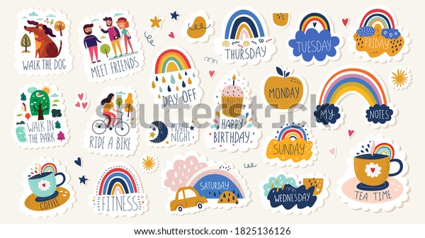 Digital Vector Planner Cute Stickers Isolated Stock Vector (royalty