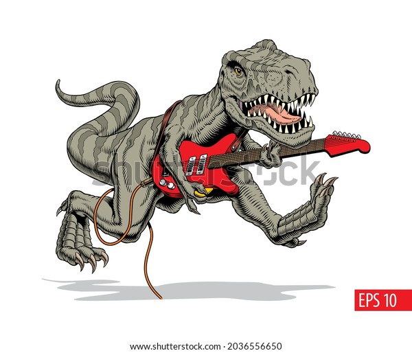 Dinosaur Playing Electric Guitar Jumping Tyrannosaurus Stock Vector ...