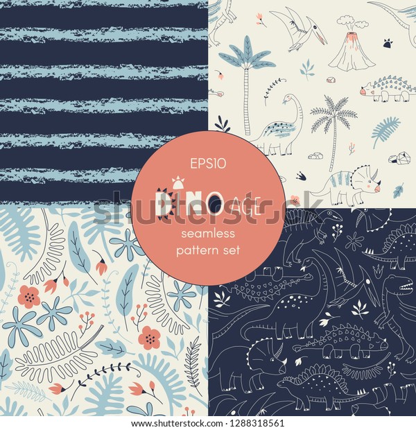 Dinosaur Themed Vector Seamless Background Set 库存矢量图（免版税）1288318561