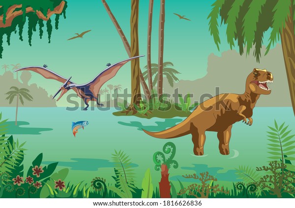 Dinosaurs On Landscape Background Prehistoric Era Stock Vector (Royalty ...