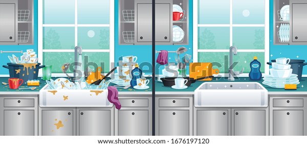 Dirty Clean Kitchen Background Washing Dishes Stock Vector (Royalty ...