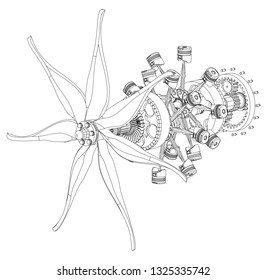 Disassembled Radial Engine On White Background Stock Vector (Royalty ...