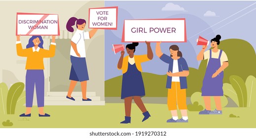 Discrimination Woman Flat Composition Doodle Characters Stock Vector ...