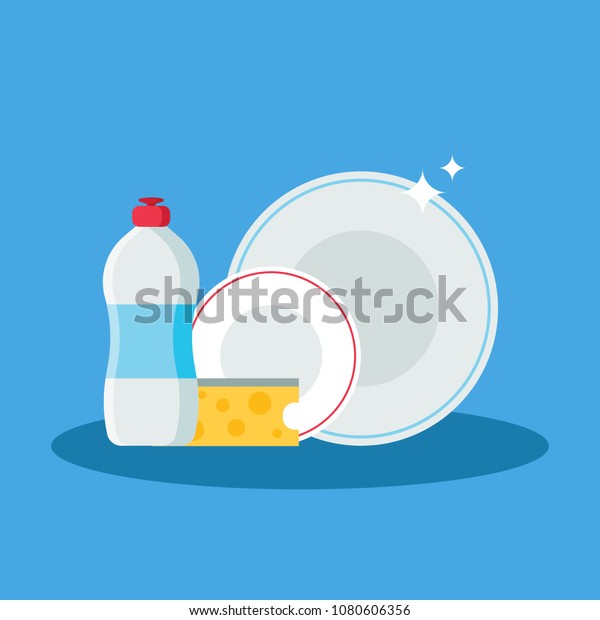 Dishwashing Set vector illustration in modern flat style. Collection of ...