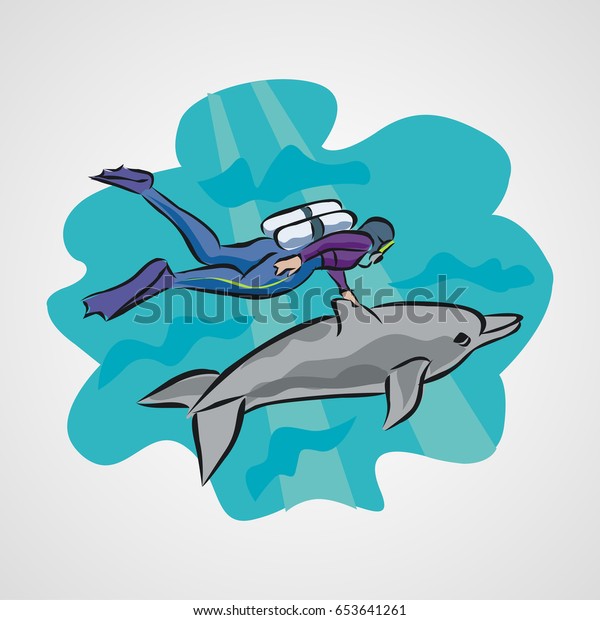 Diver Swimming Dolphin Vector Poster Stock Vector (Royalty Free ...