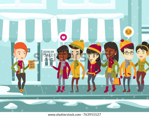 Diverse Group Multiracial People Standing Queue Stock Vector (Royalty ...