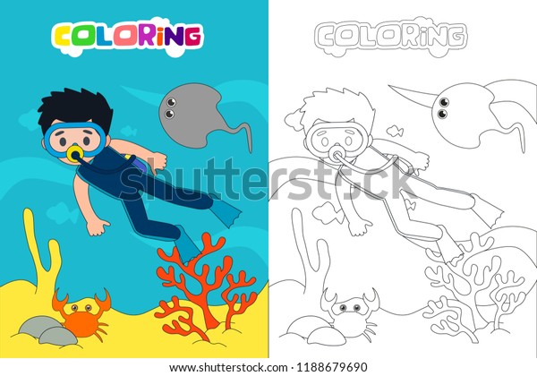 Diving Kids Coloring Book Page Vector Stock Vector (Royalty Free ...