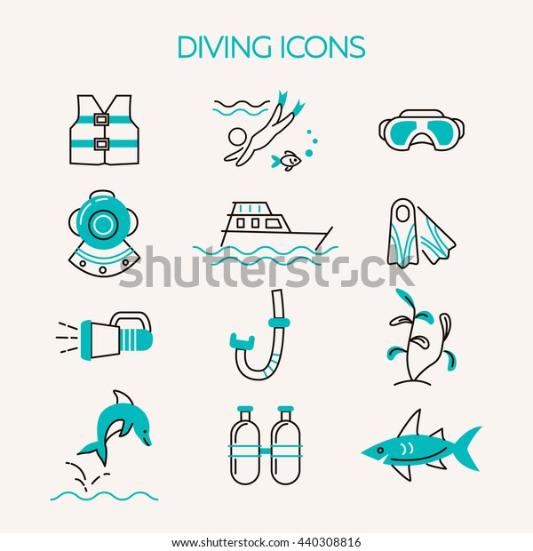 Diving Line Icons Set Underwater Activity Stock Vector (Royalty Free ...