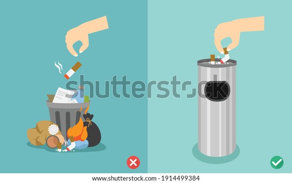 No arrojar colillas de cigarrillo en el suelo, ilustración incorrecta y ...