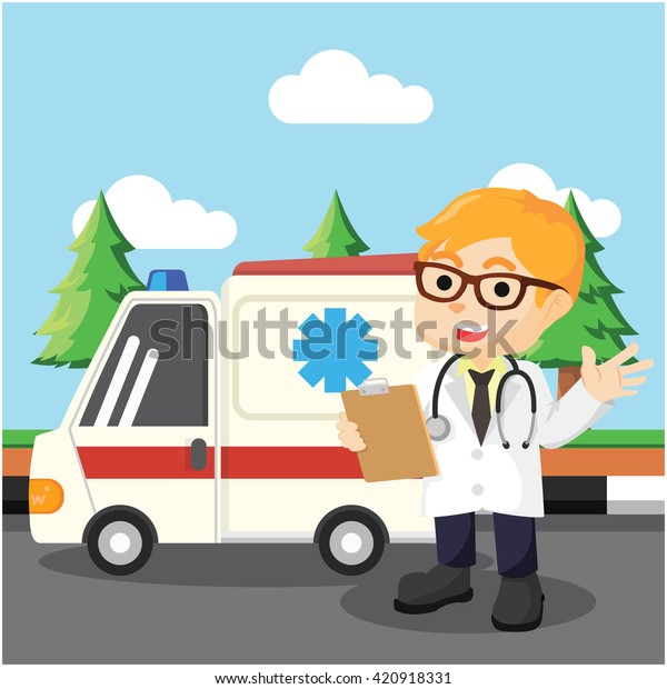 Doctor Standing Front Ambulance Cartoon Illustration Stock Vector ...