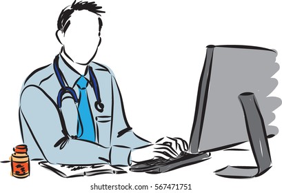 Doctor Working Computer Illustration Stock Vector (Royalty Free ...