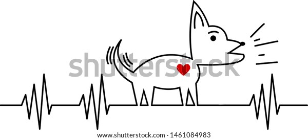 dog barking drawing line and red heart with heart rate wave vector