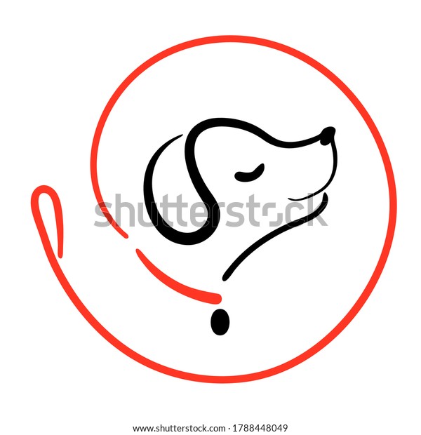 Dog walking service logo in line style on round from leash. Happy puppy ...