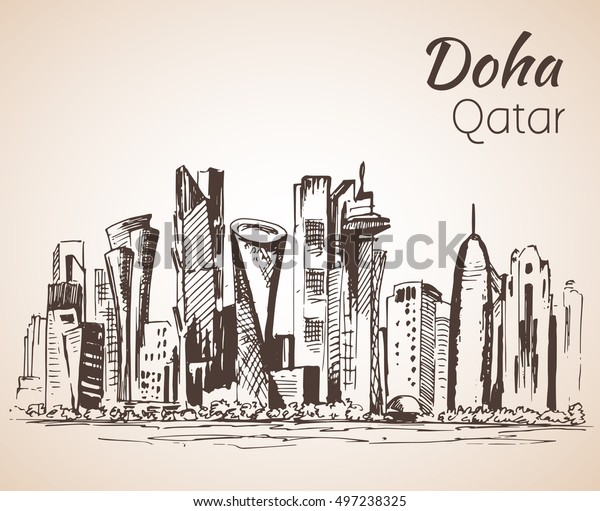 Doha Qatar City View Sketch Isolated Stock Vector (Royalty Free ...
