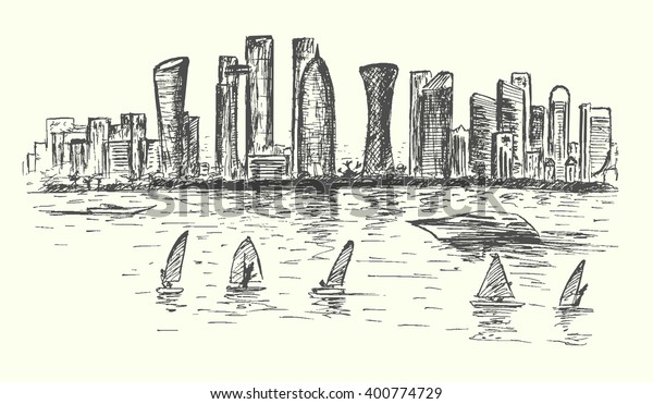 Doha Qatar Skylinehand Drawn Sketch Styleisolatedvectorillustration ...