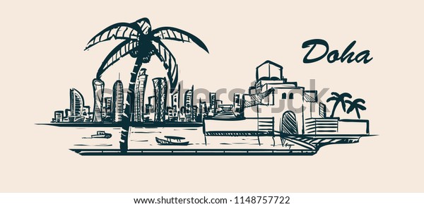 Doha Skylinehanddrawn Sketch Vector Illustrationmuseum Islamic Stock ...