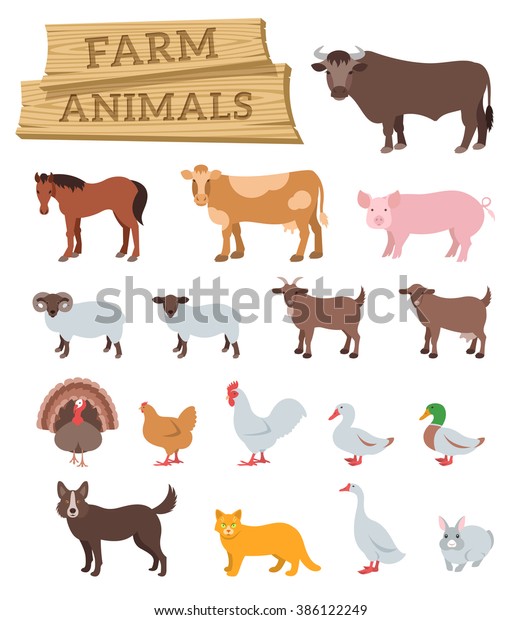 Domestic farm animals flat vector icons set. Colorful illustrations of ...