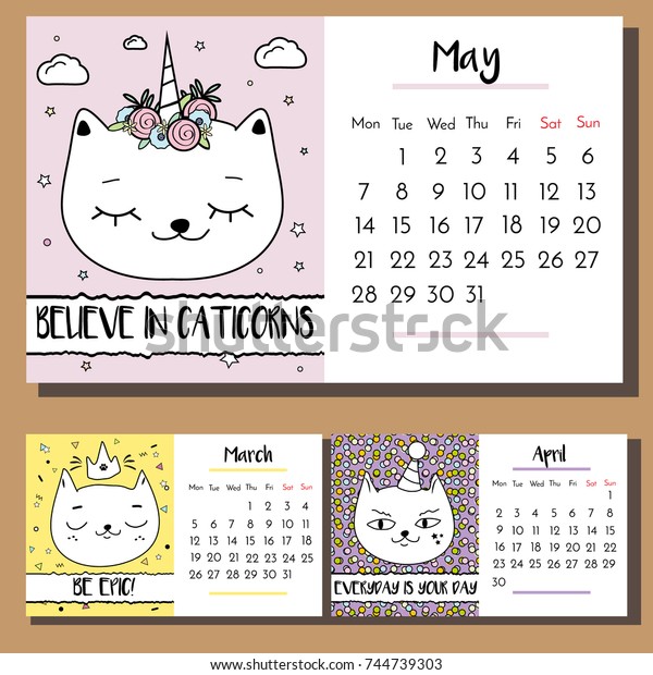 Doodle Cat Calendar Design Template 2018: เวกเตอร์สต็อก (ปลอดค่า ...