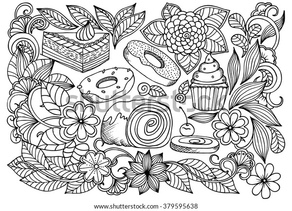 Doodle Drawing Sweets Flowers Coloring Page Stock Vector (Royalty Free ...