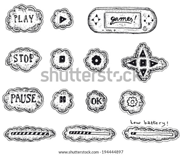 Doodle Game Ui Icons Elements Illustration 스톡 벡터(로열티 프리) 194444897