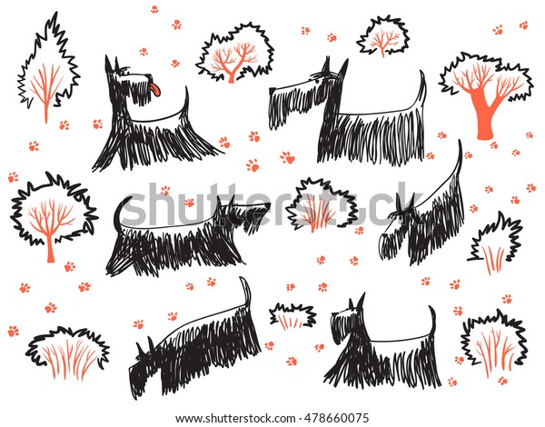 Doodle Hand Drawn Set Scotch Terriers Stock Vector (Royalty Free ...