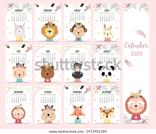 Doodle pastel boho calendar set 2020 with feather,gold geometric,heart ...