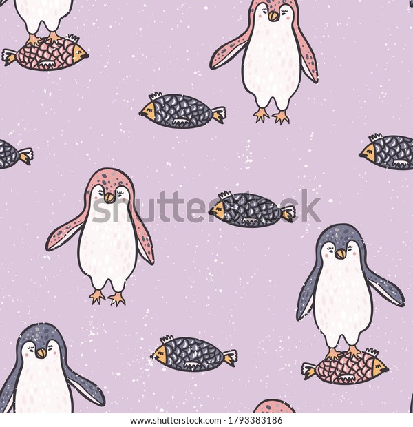 Doodle Seamless Penguin Print Design Vector Stock Vector (Royalty Free ...