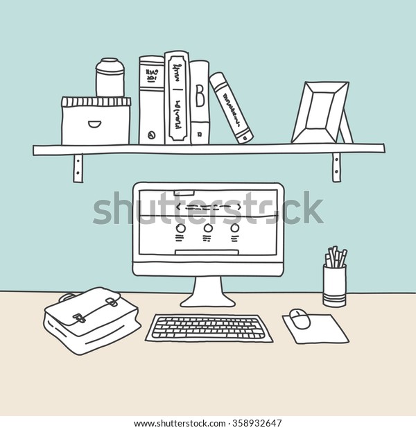 Doodle Set Desk Computer Shelf Books Stock Vector (Royalty Free) 358932647