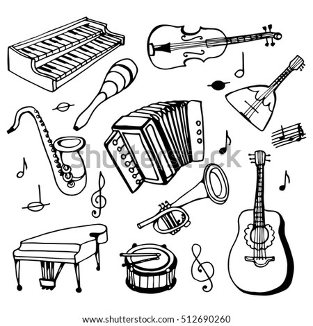 Doodle Set Musical Instruments Black White Stock Vector (Royalty Free ...