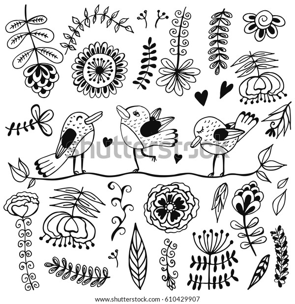 Doodle Set Spring Flowers Herbs Birds Stock Vector (Royalty Free) 610429907