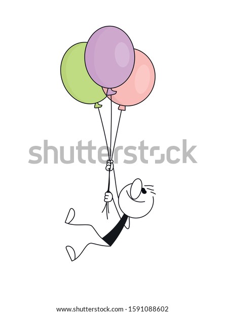 Doodle Stick Man Flying Air Balloons Stock Vector (Royalty Free) 1591088602