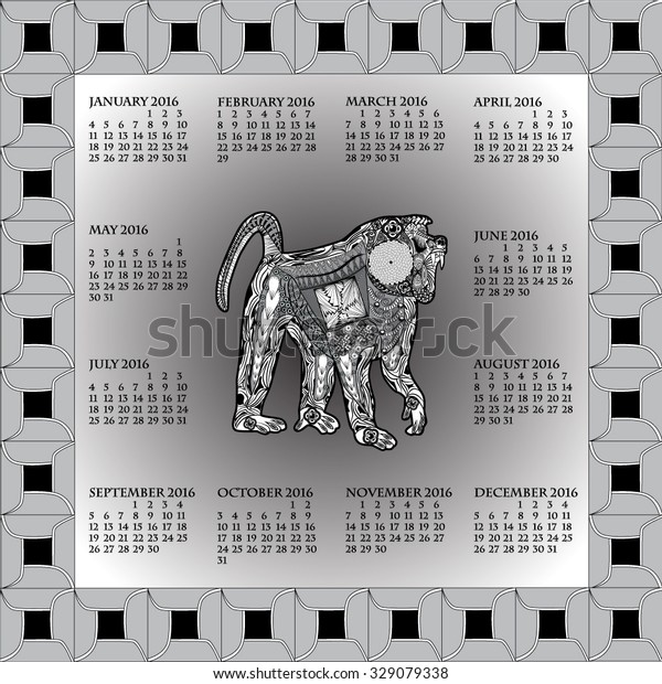 Doodles Calendar 2016 Year Baboon Zentangle Stock Vector (Royalty Free ...
