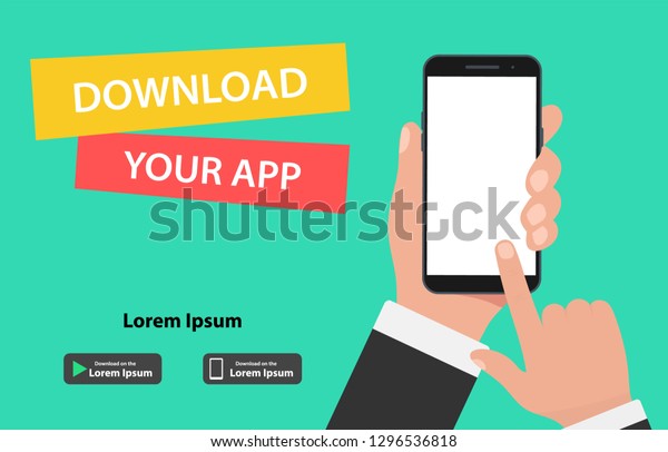 Download page of the mobile app. Hand holding smartphone and touching ...