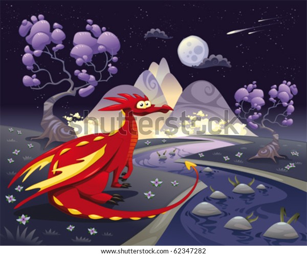 Dragon Landscape Night Cartoon Vector Illustration Stock Vector ...